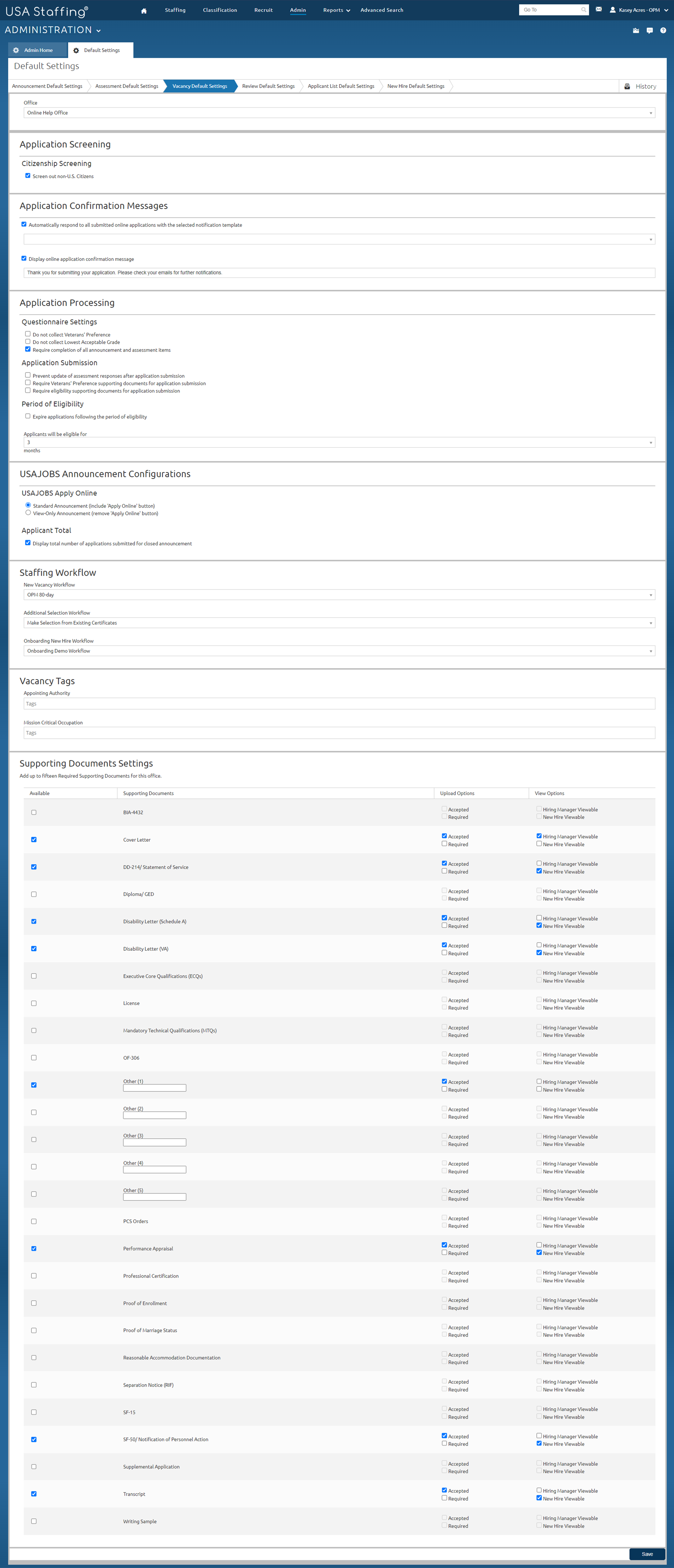Vacancy Default Settings Overview – USA Staffing Online Help
