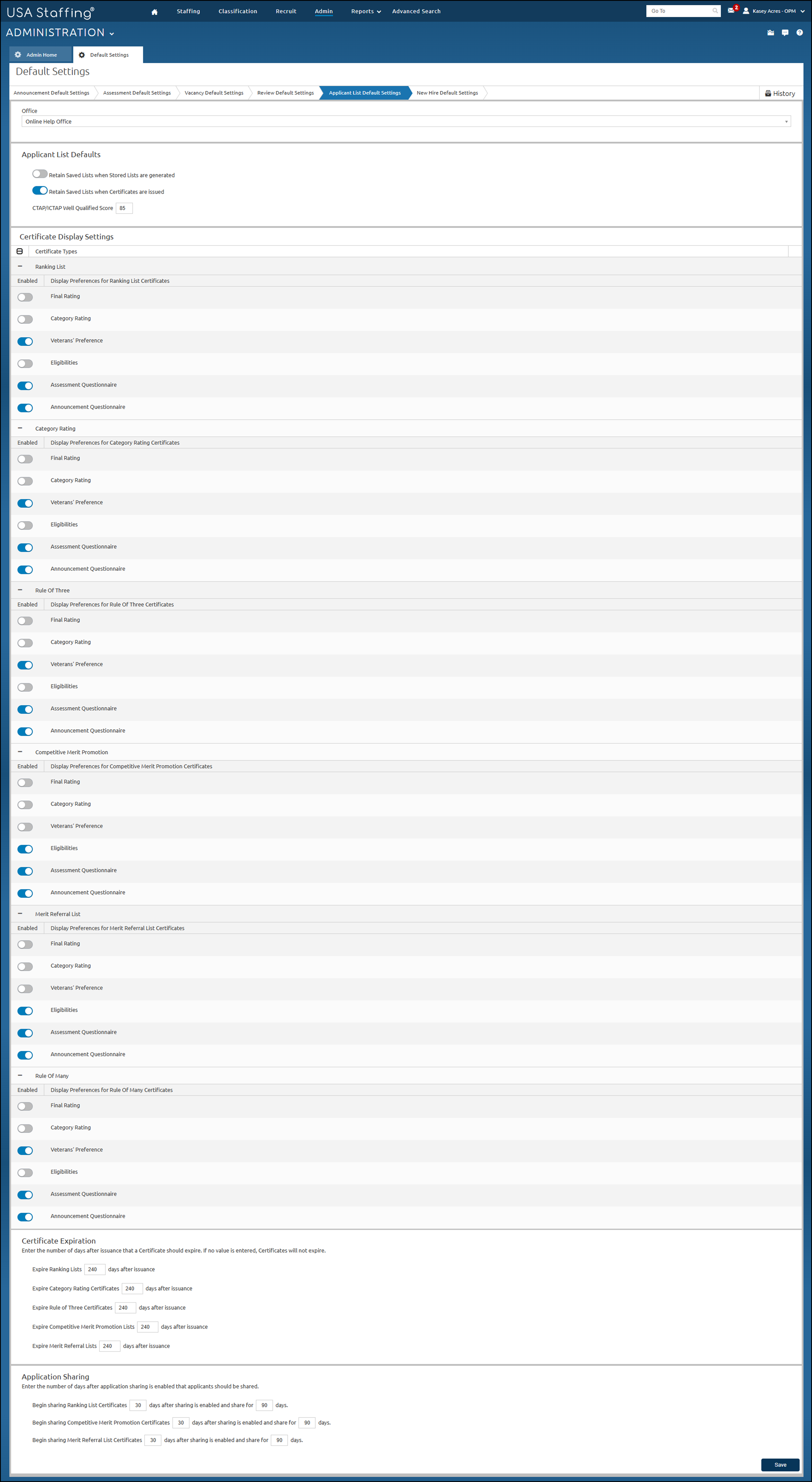 Applicant List Default Settings Overview – USA Staffing Online Help