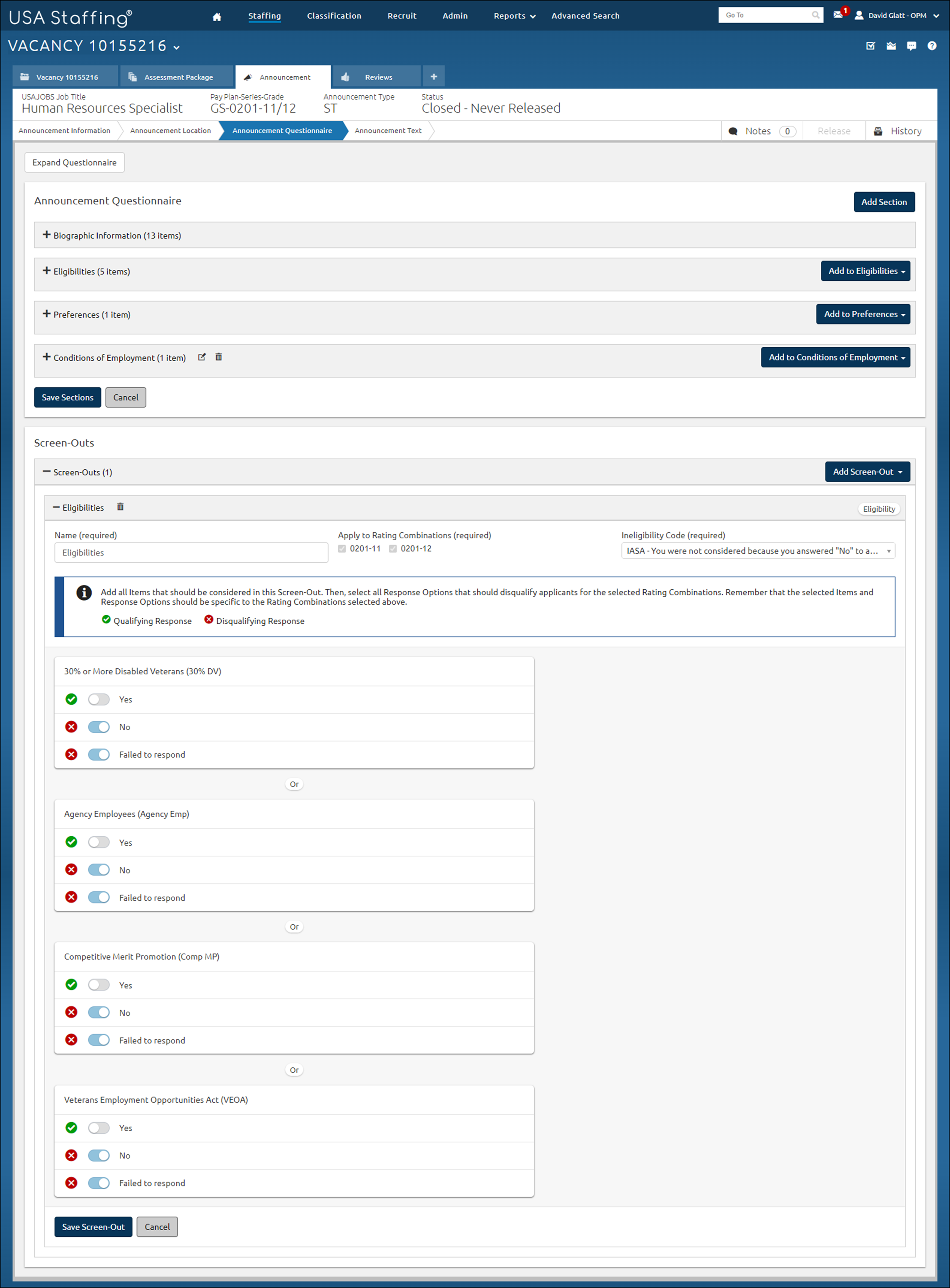 Adding an eligibility screen-out to an announcement questionnaire item ...