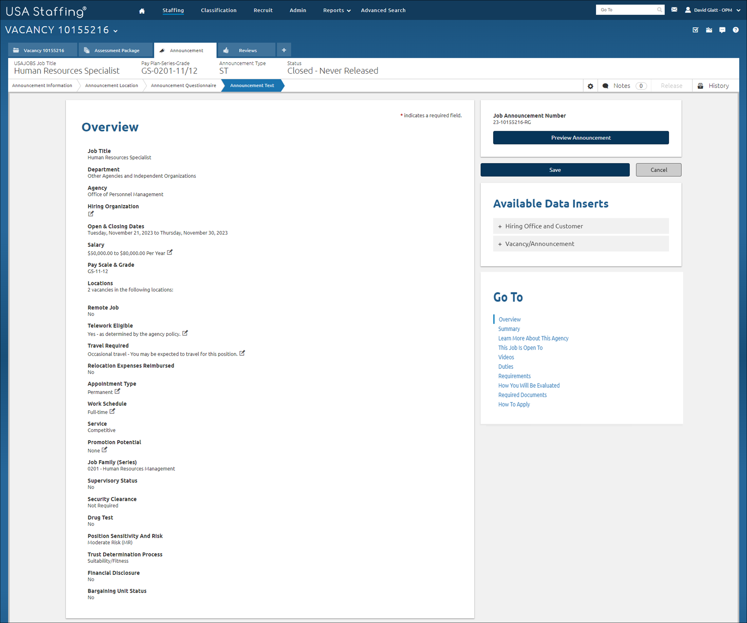 Editing the announcement overview information – USA Staffing Online Help