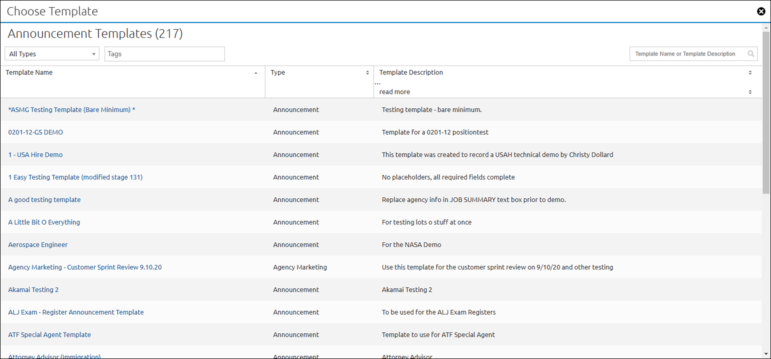 Selecting an announcement template – USA Staffing Online Help
