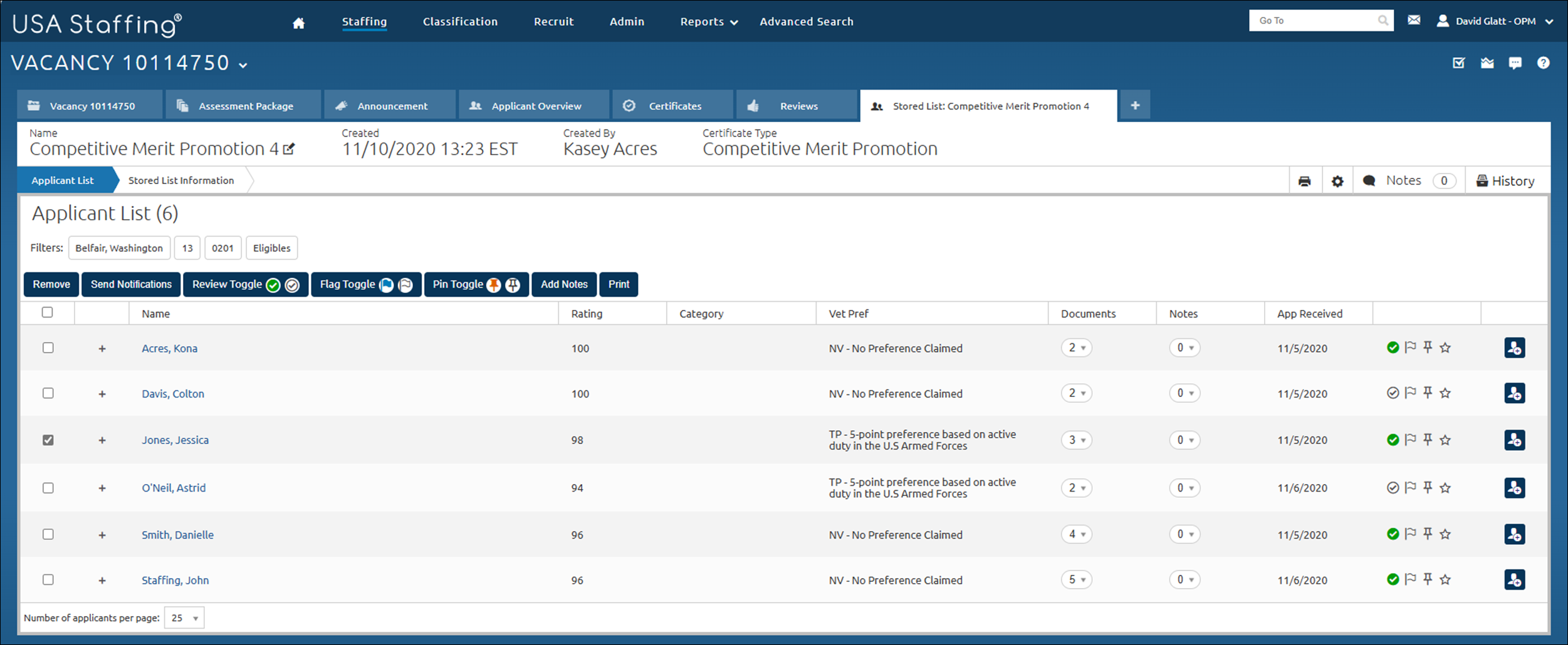 Removing an applicant from a stored list – USA Staffing Online Help