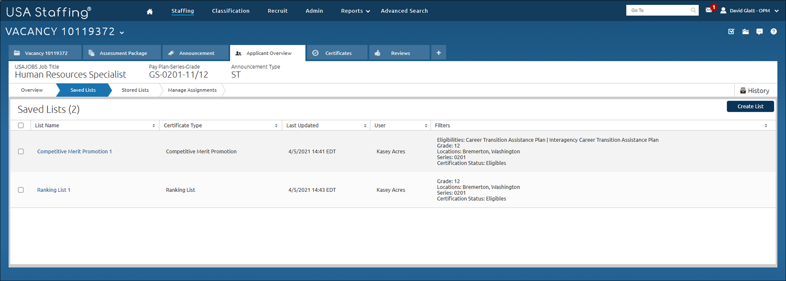 Opening a saved list – USA Staffing Online Help