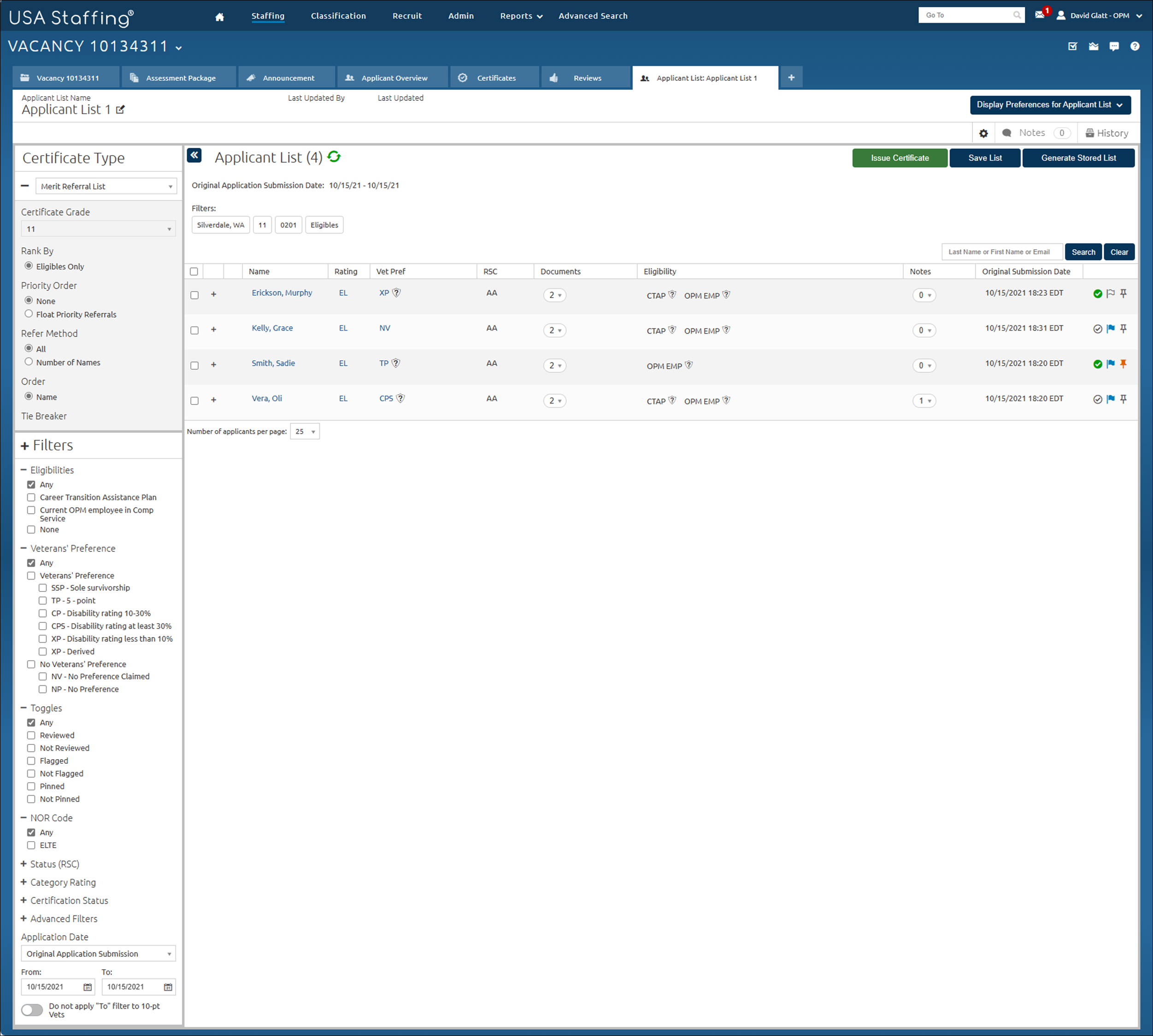 Generating a certificate by application date – USA Staffing Online Help
