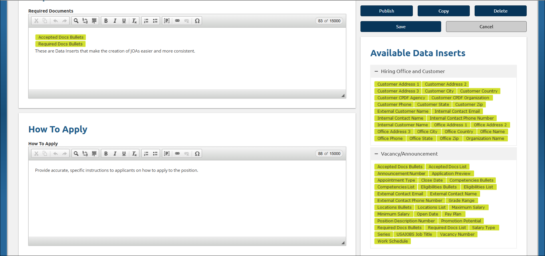 Adding available data insert(s) to an announcement template – USA ...