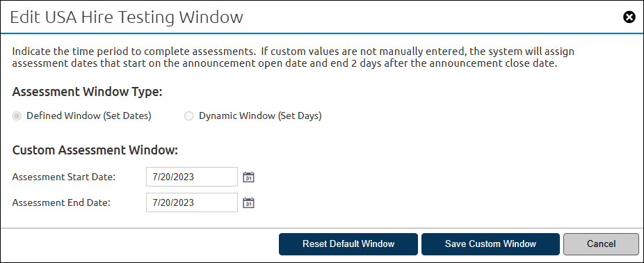Set USA Hire Assessment Window – USA Staffing Online Help