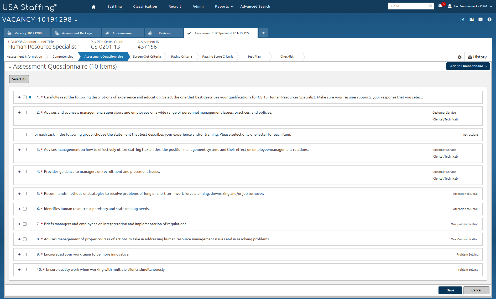 Opening an assessment questionnaire – USA Staffing Online Help