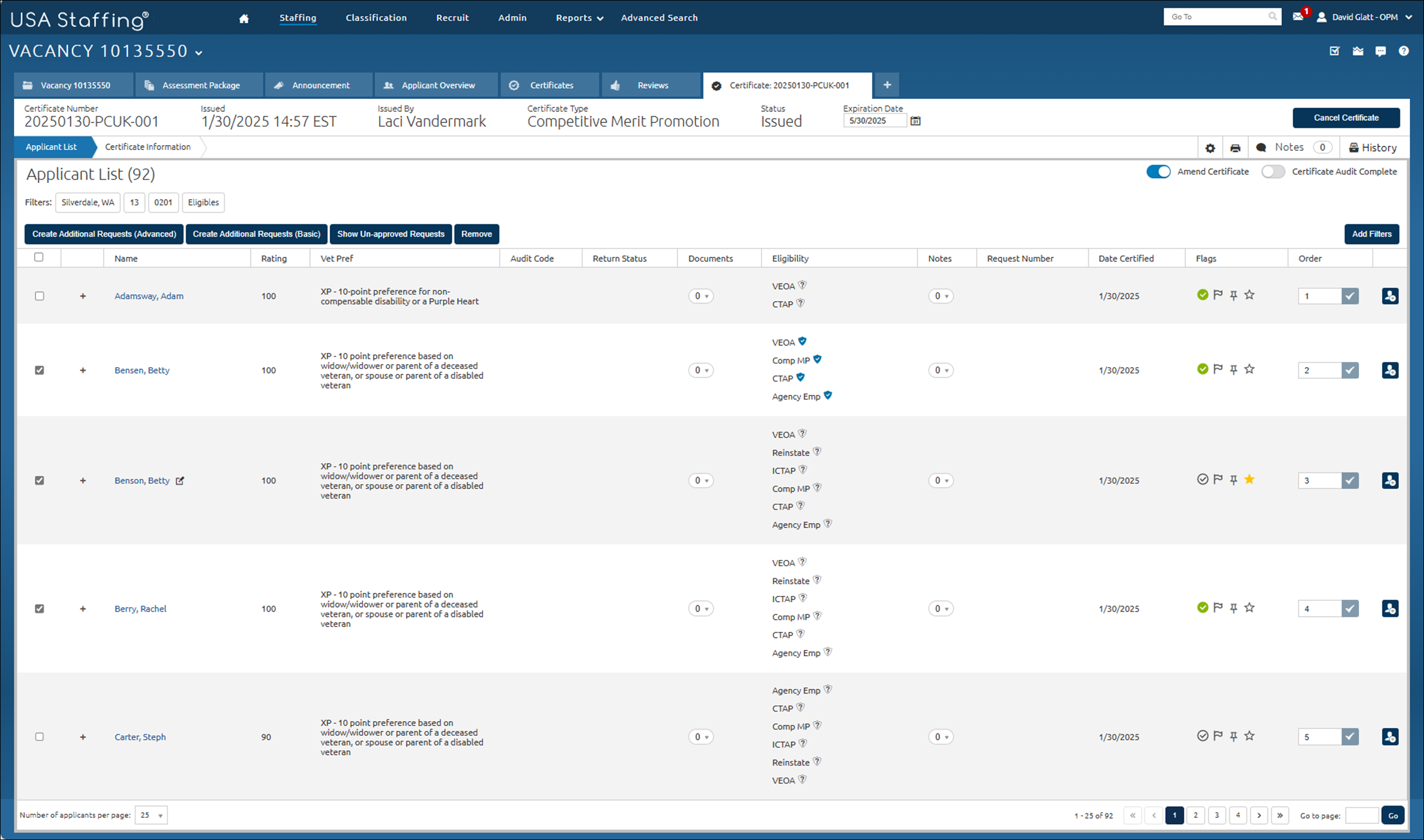 Removing multiple applicants from an issued certificate – USA Staffing ...
