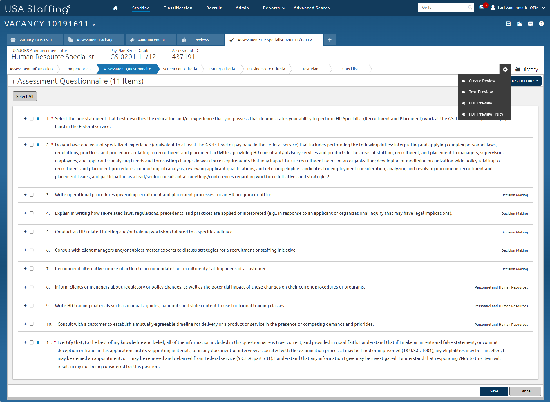 Previewing assessment questionnaire in PDF format – USA Staffing Online ...