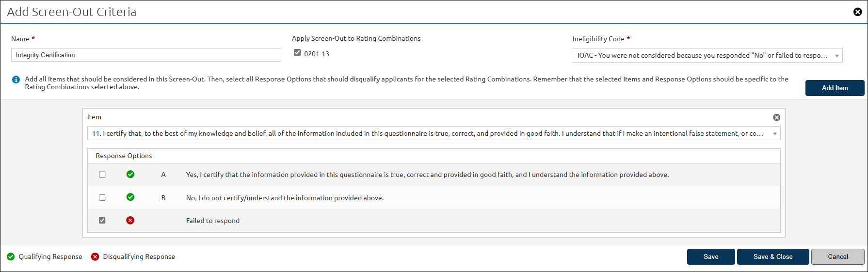 Adding a screen-out – USA Staffing Online Help