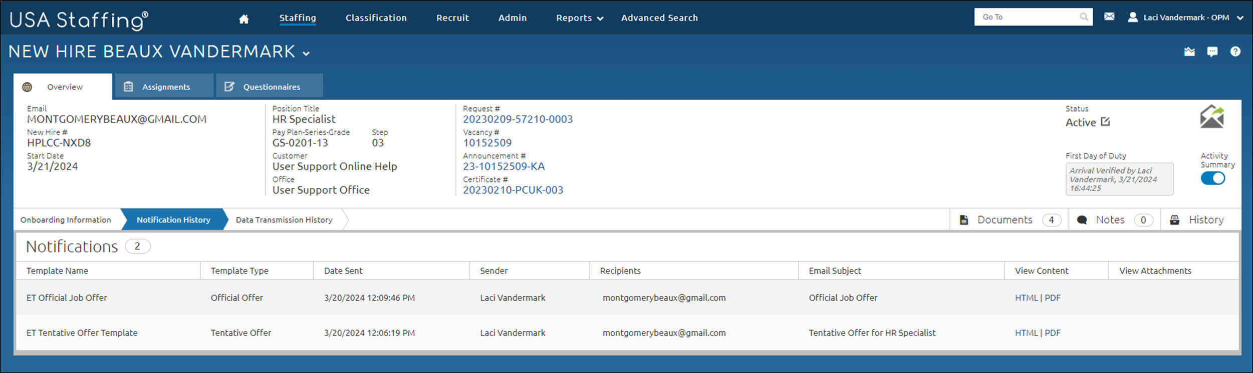 Notification History Overview – USA Staffing Online Help