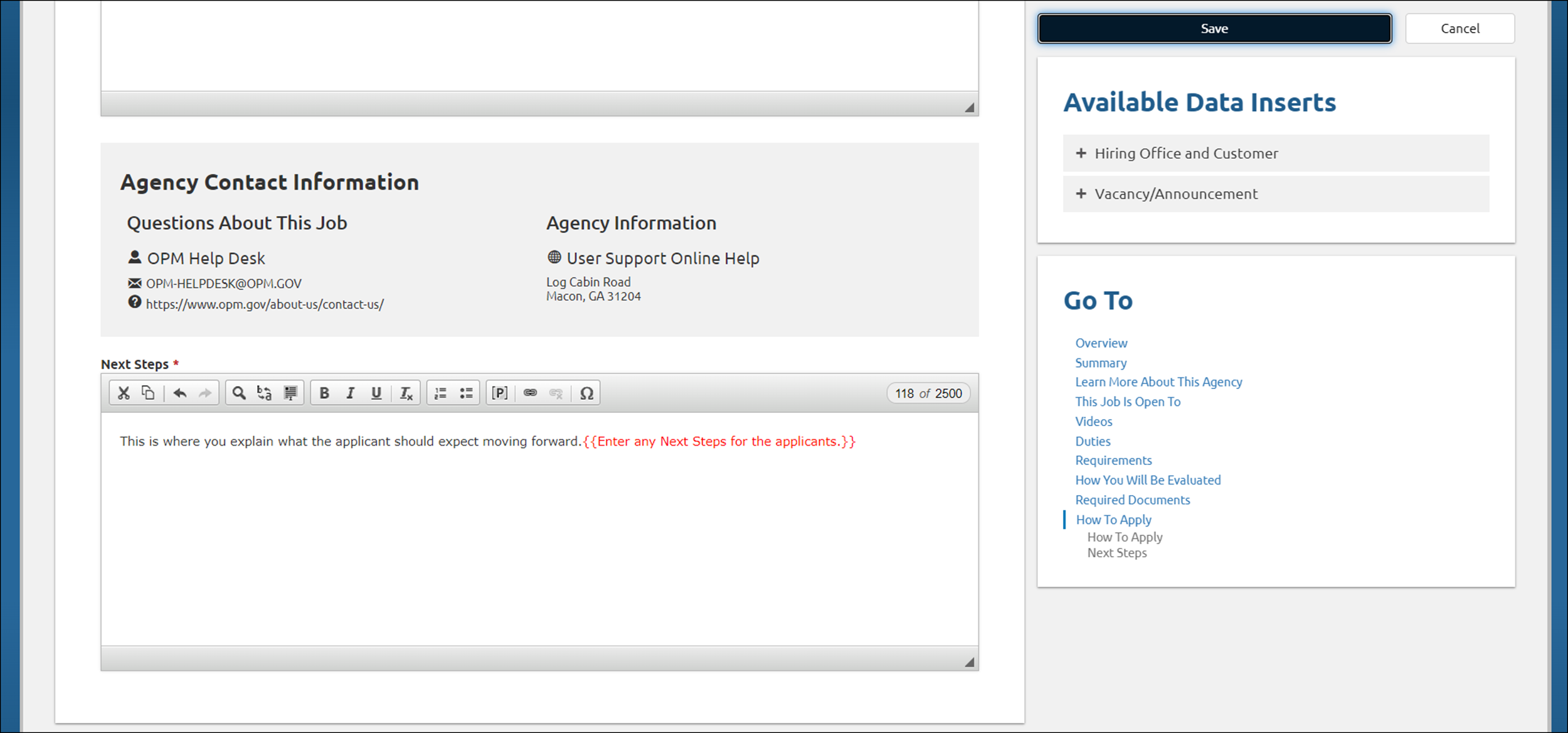 Replacing placeholder text – USA Staffing Online Help