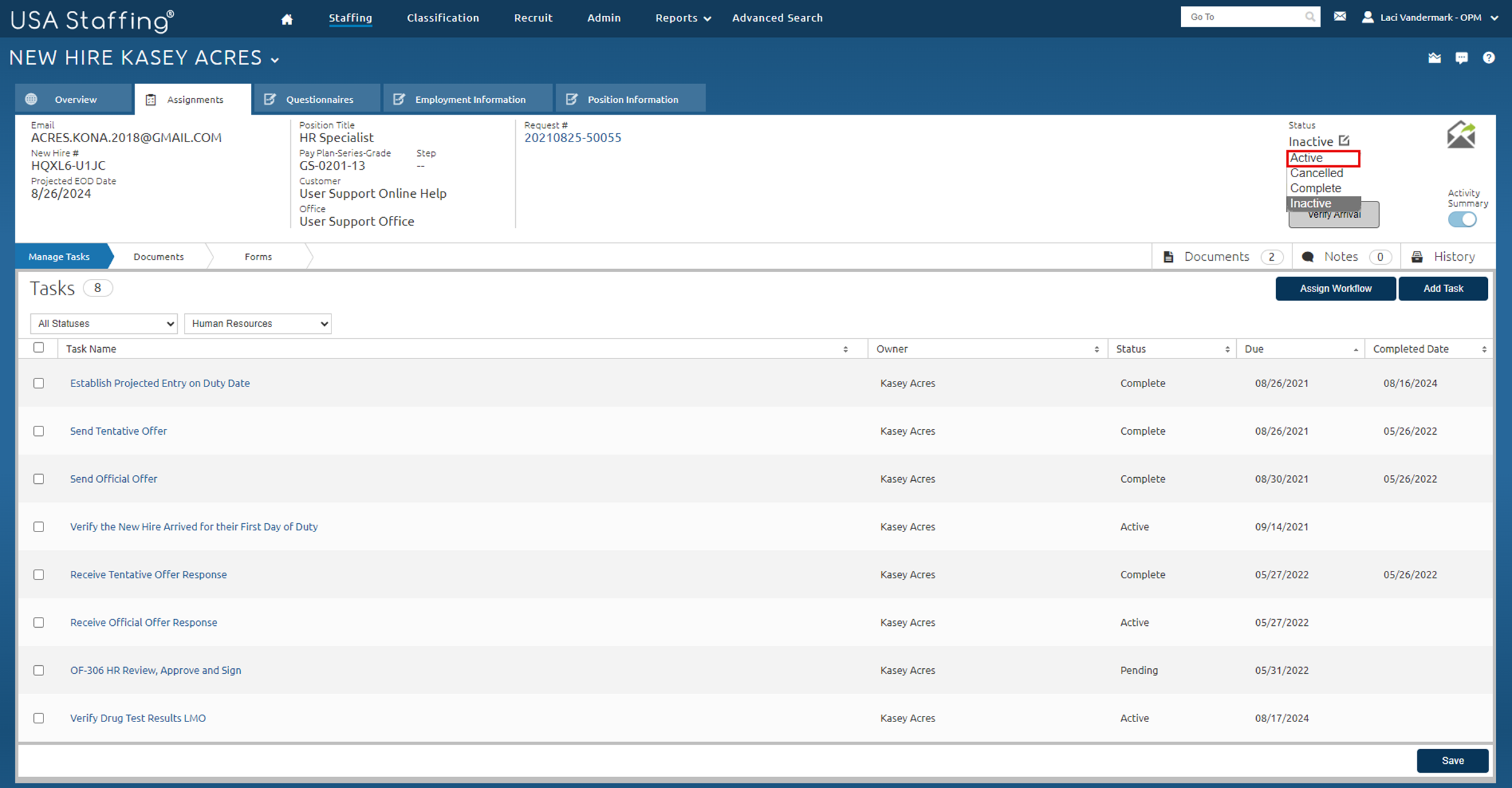Activating an inactive new hire record – USA Staffing Online Help