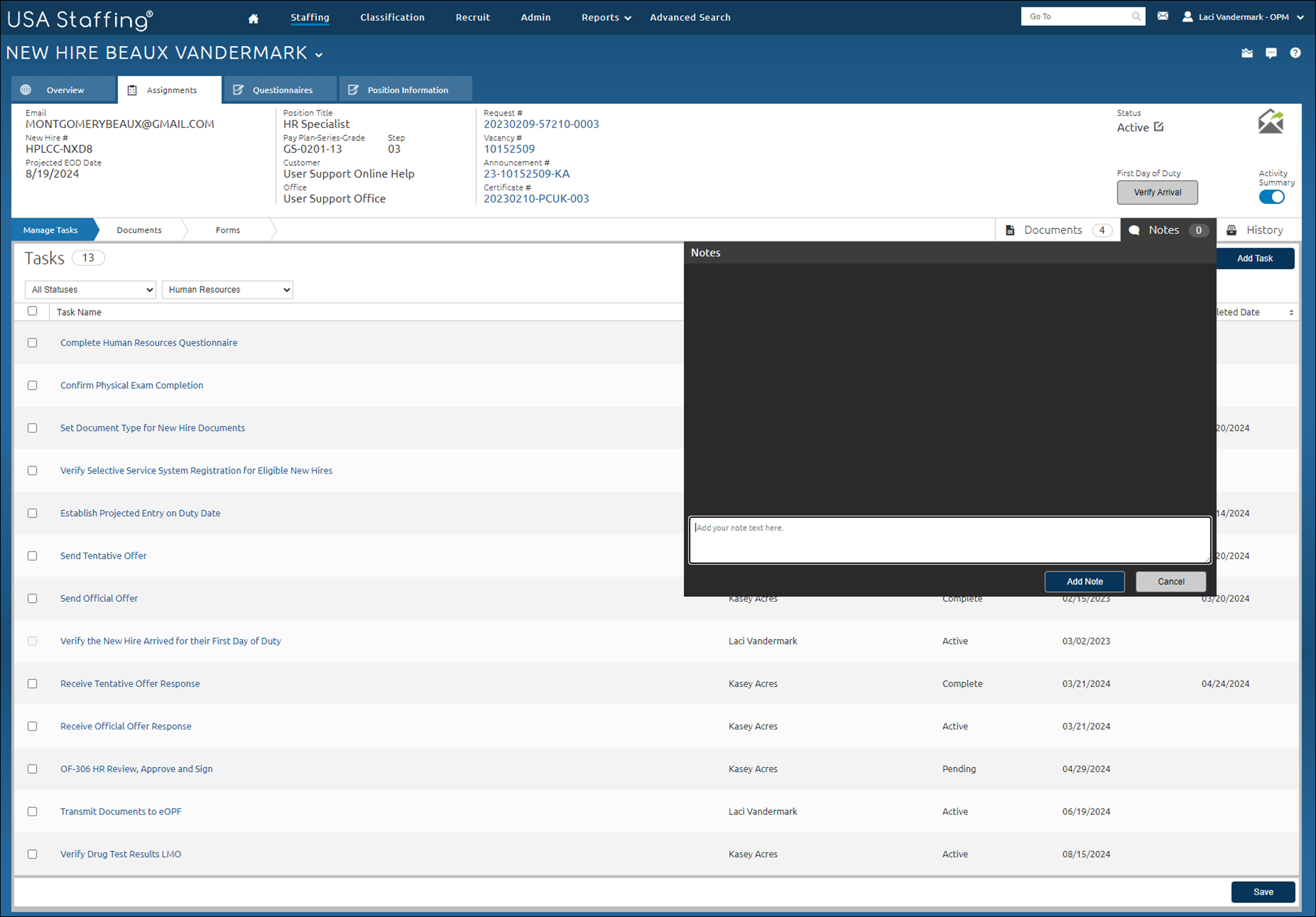Creating a new hire note – USA Staffing Online Help