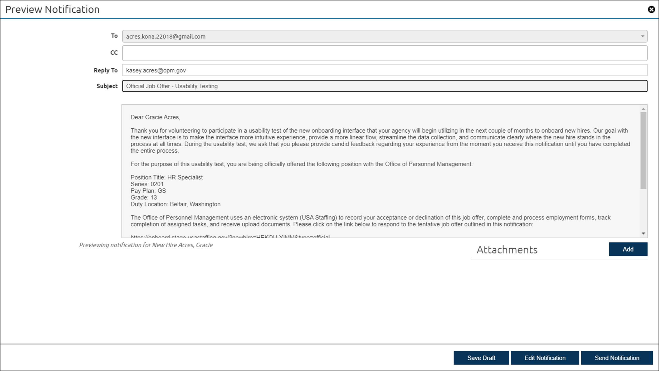 Sending an invitation, tentative or official offer notification to a ...