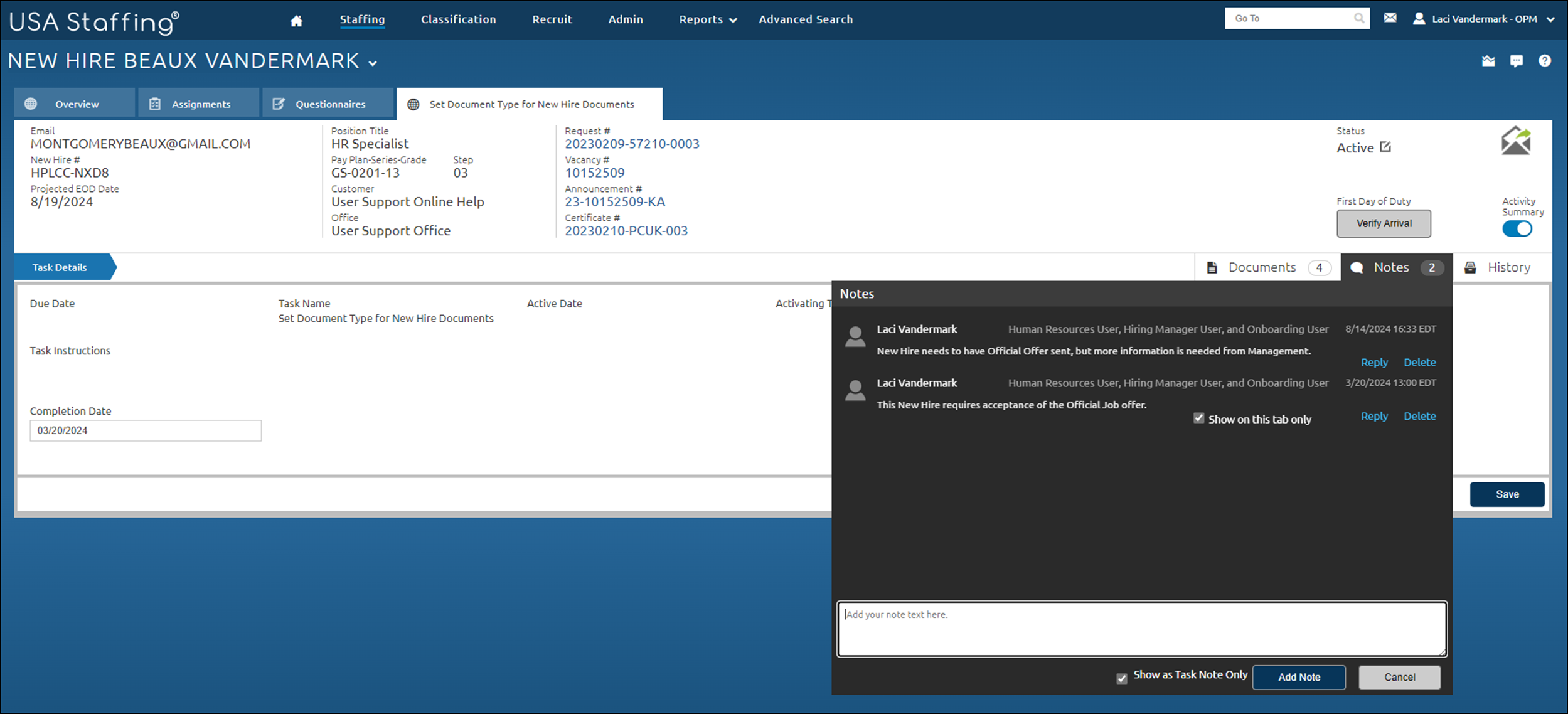 Creating a new hire task note – USA Staffing Online Help