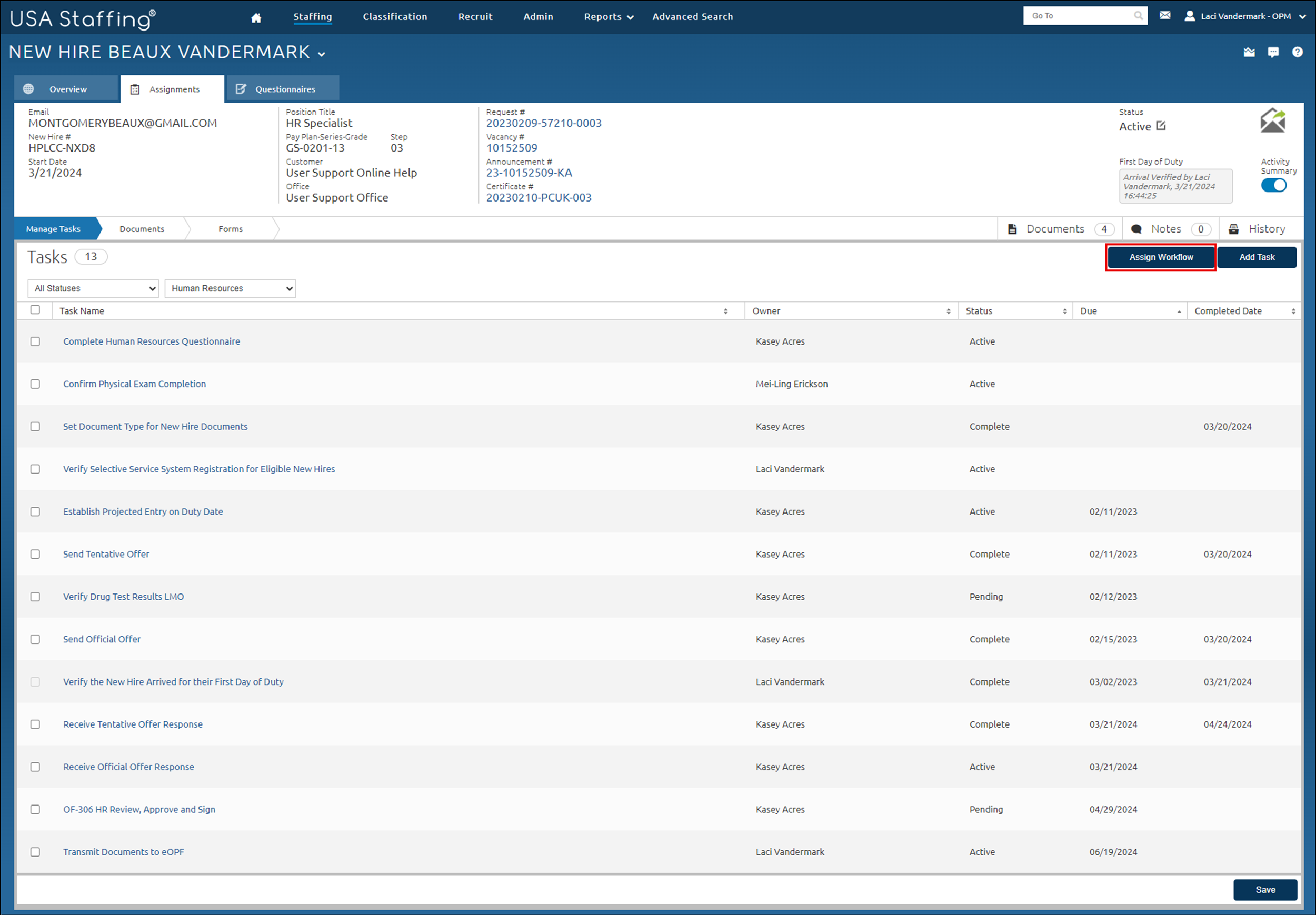 Assigning a new hire workflow – USA Staffing Online Help