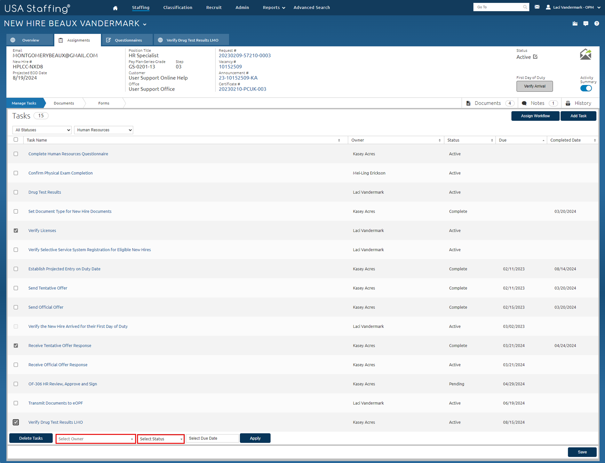Assigning an owner to multiple tasks – USA Staffing Online Help