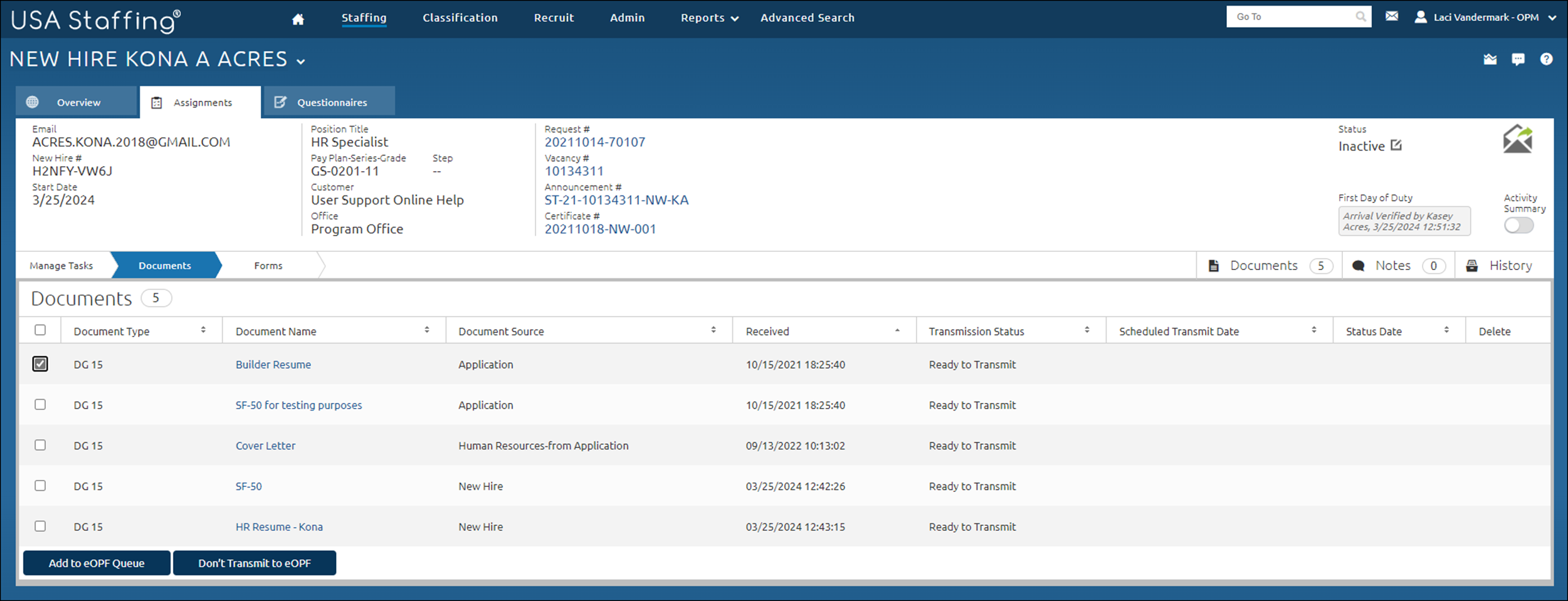 Transmitting a document to the eOPF queue – USA Staffing Online Help