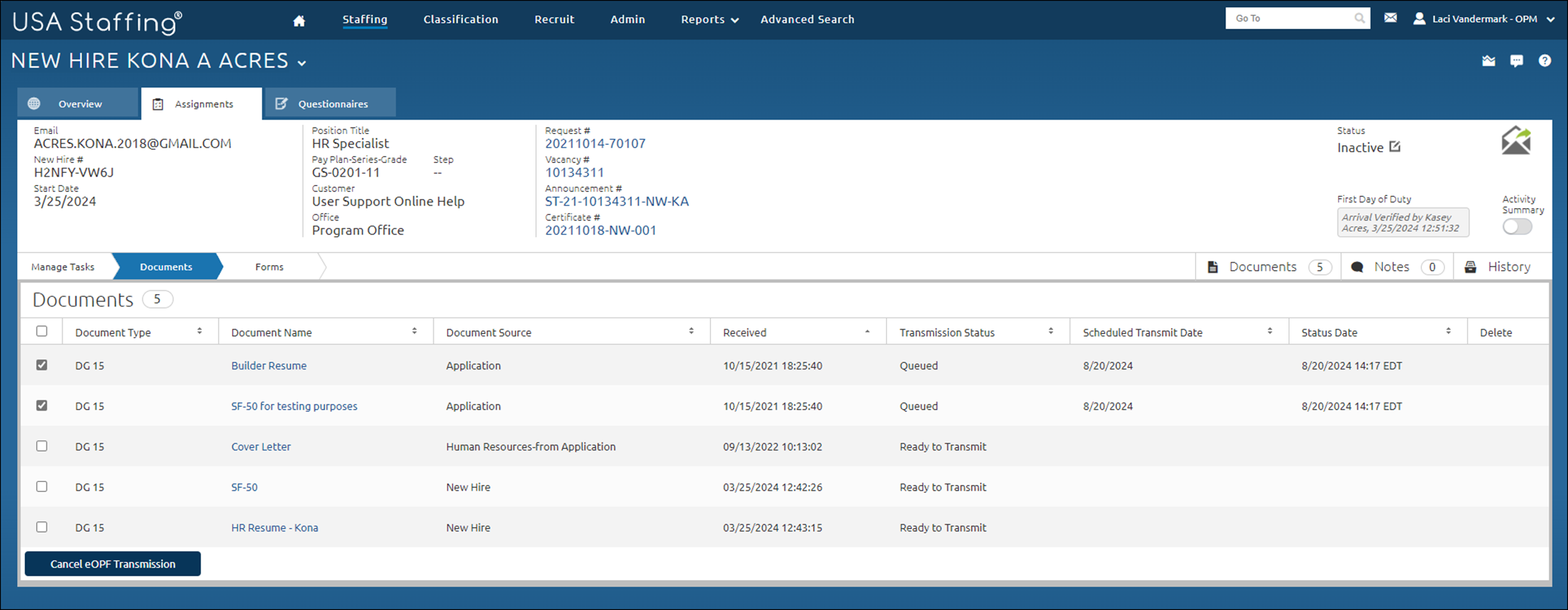 Cancelling an eOPF document transmission for a document in queue status – USA Staffing Online Help