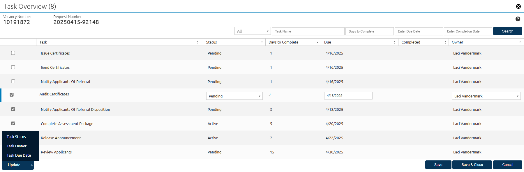 Mass changing tasks – USA Staffing Online Help