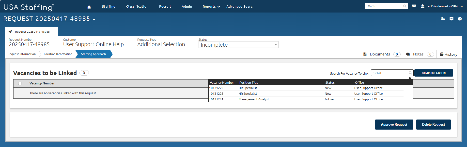 Linking an additional vacancy to an approved additional selection ...