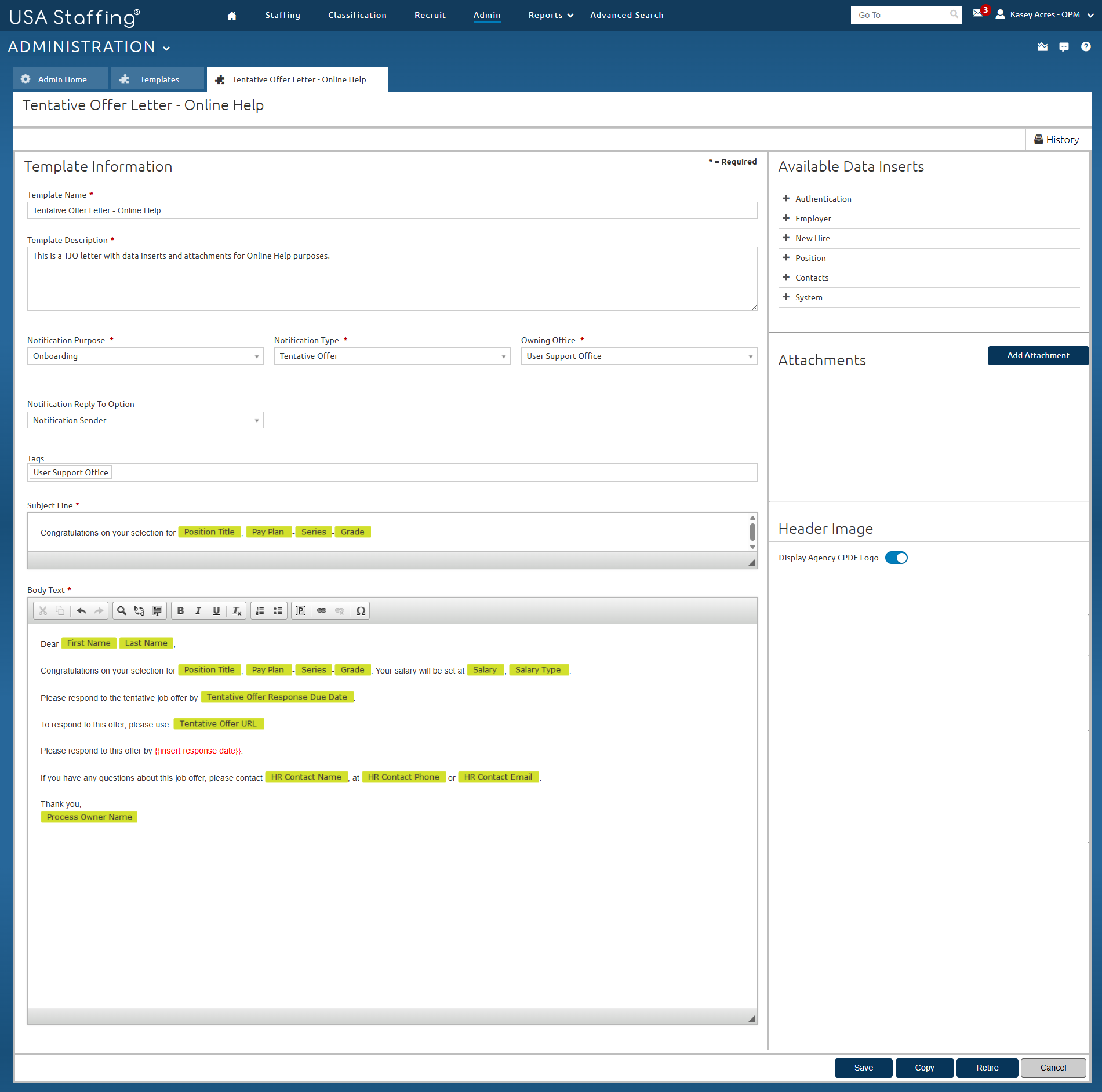 Adding placeholder text to a notification template – USA Staffing ...