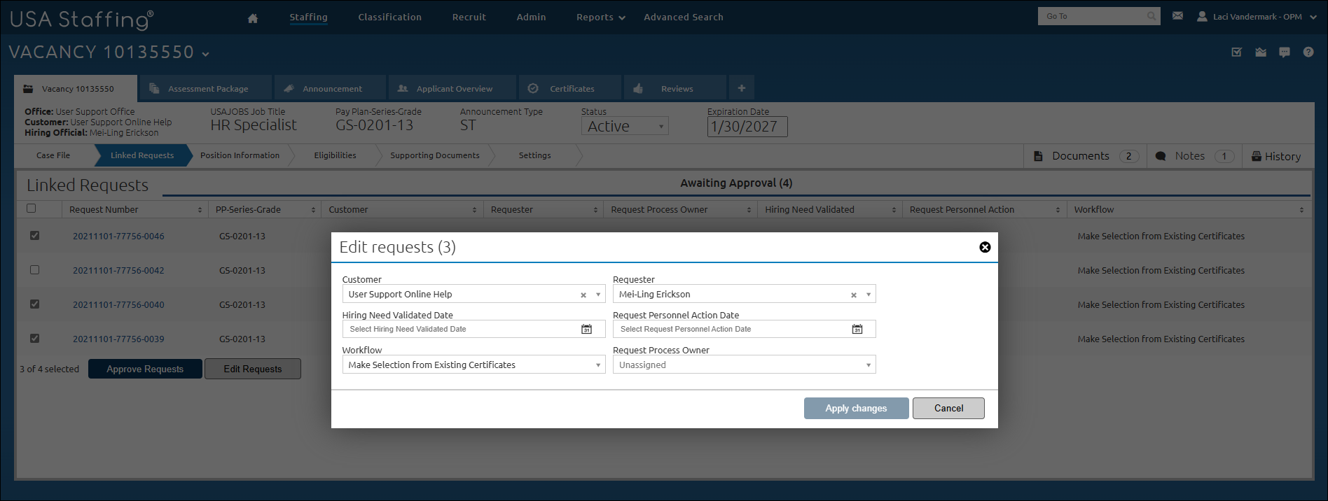 Mass Edit Linked Requests – USA Staffing Online Help